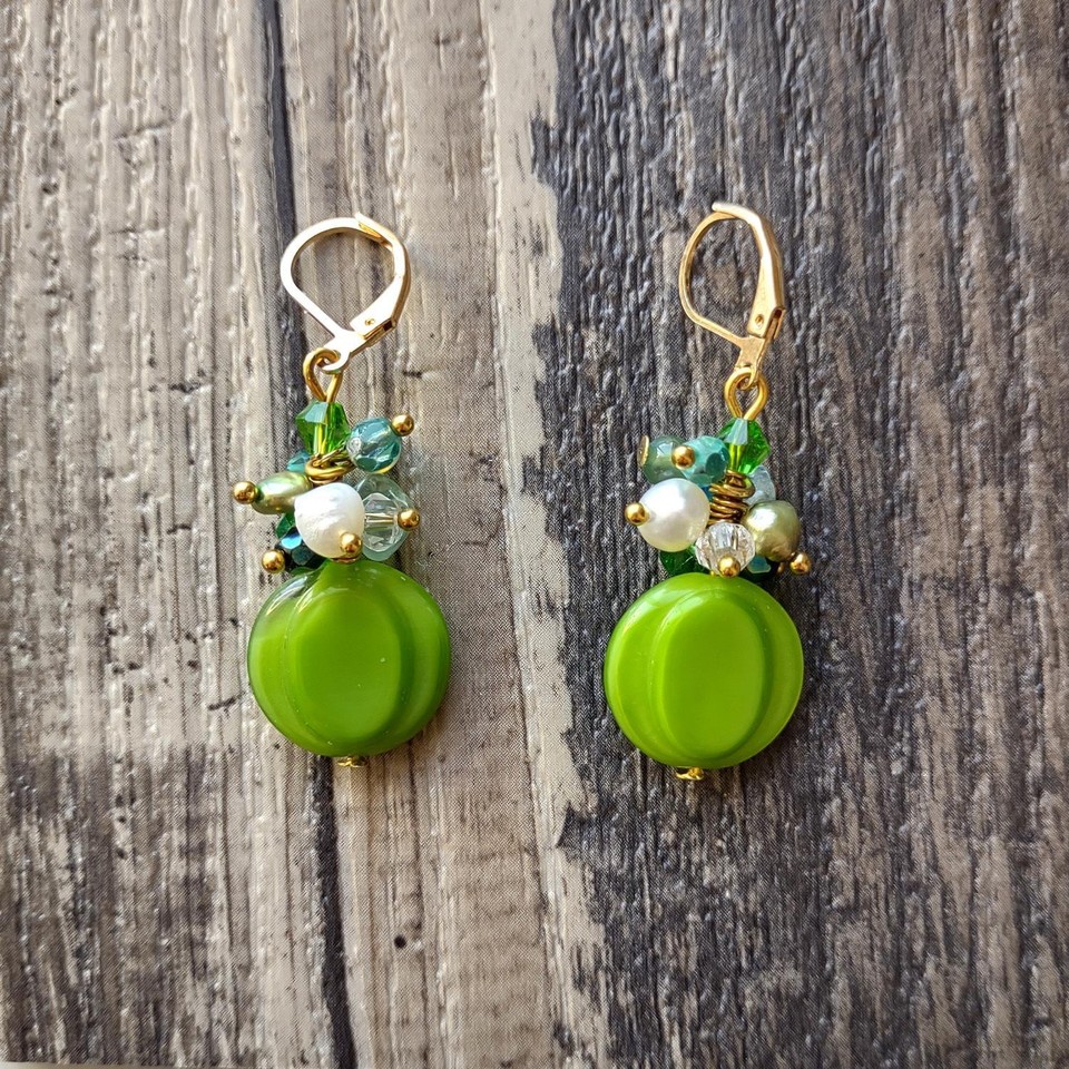 Handmade Bauble Gem / Glass / Pearl Mix Gold Tone Chandelier Earrings ...