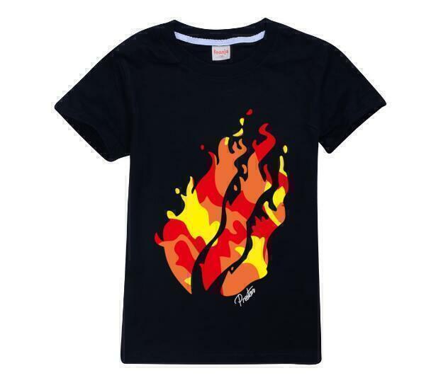 Kids PRESTONPLAYZ Flame Casual Black Cotton T shirt Boys Short Sleeve ...