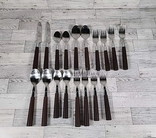 Cambridge Stainless Flatware Brown Faux Wood Grain Handle 18 Piece ...