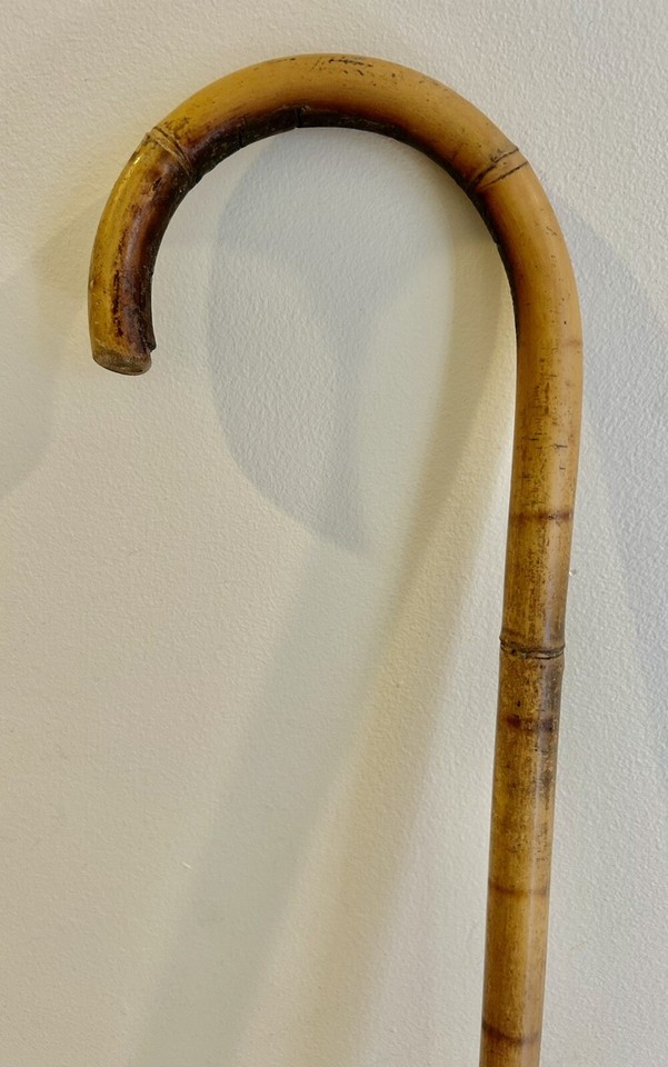 Vintage Brown Gold Bamboo Wood CANE 36” Shaft Curved Handle Walking ...