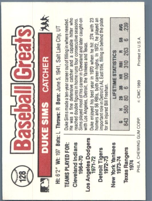 1989 Swell Baseball Greats Cleveland Indians Duke Sims #128 | eBay