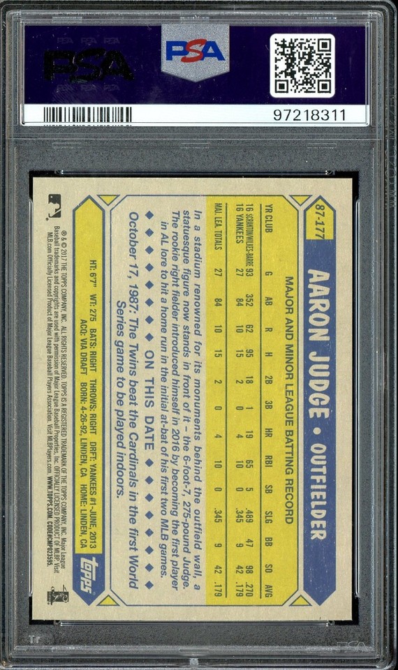 2017 Topps 1987 #87-177 Aaron Judge Yankees RC Rookie PSA 10 GEM MINT ...
