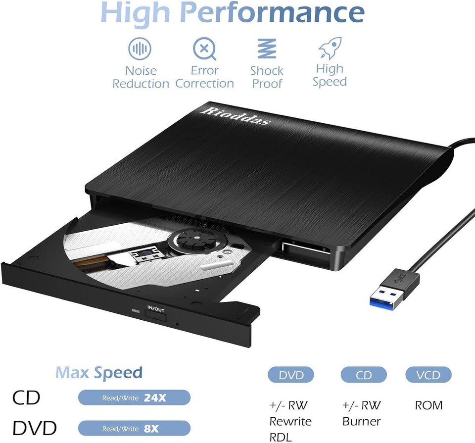 External CD/DVD Drive for Laptop USB 3.0 Portable CD DVD +/-RW Burner ...