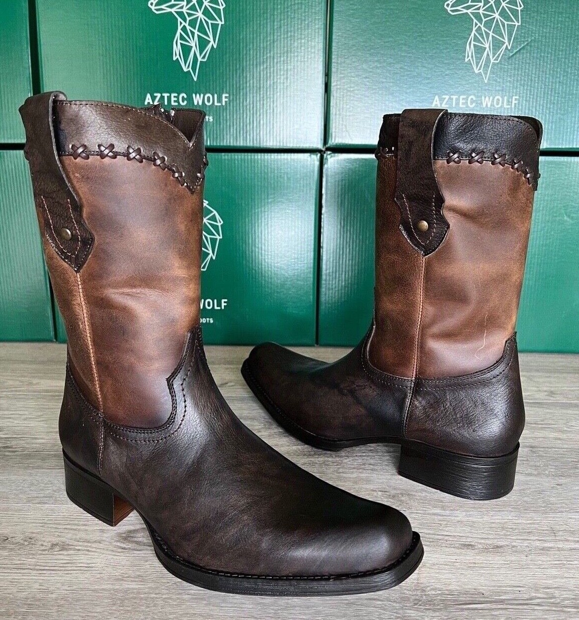 Men's Western Boots Genuine Leather Zip-Up Cowboy Square Toe Rodeo ...