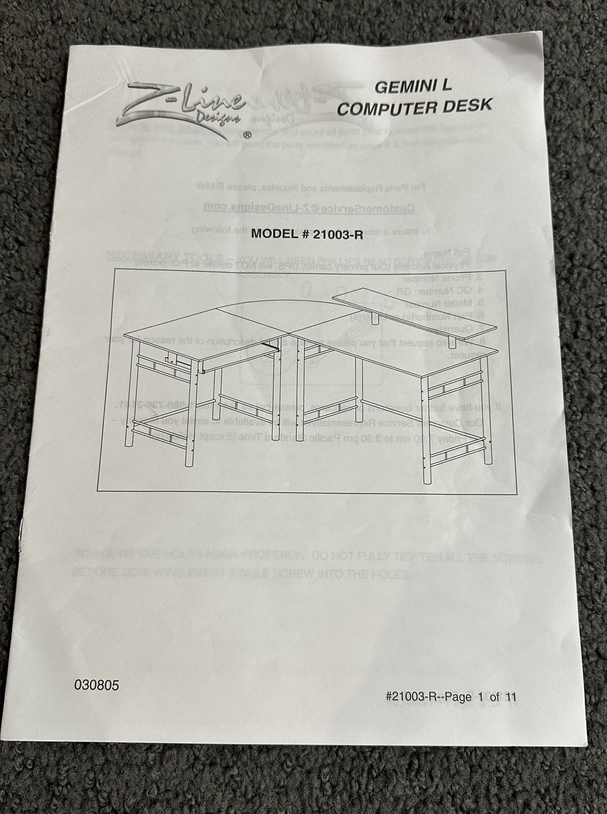 Z-Line Designs Gemini L Computer Desk Model #21003-R Instructions ...