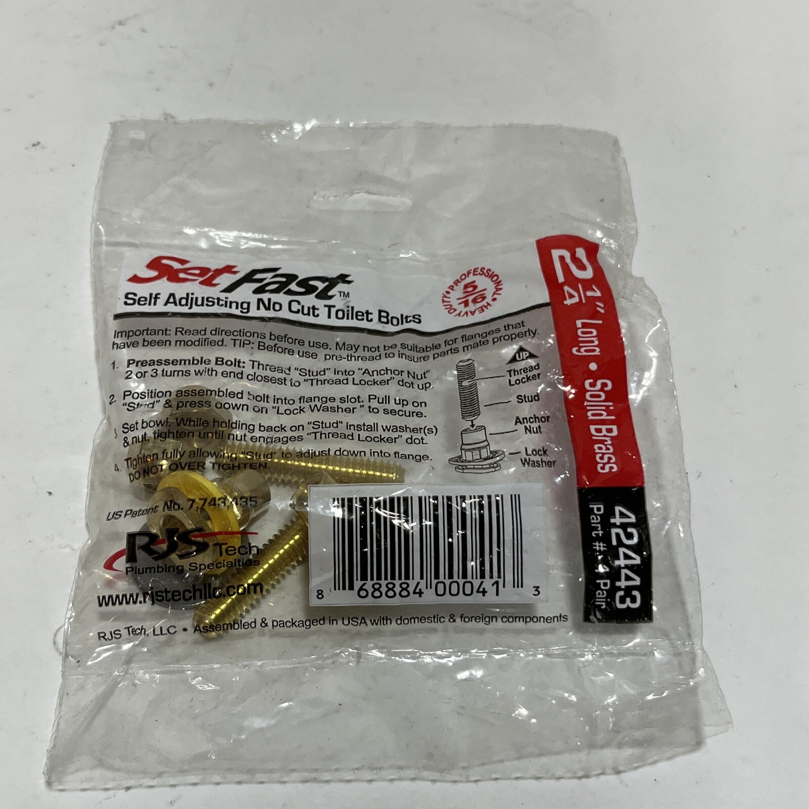 SetFast Closet Toilet Bolt Kit Brass 5/16" -1/4" 42443 for sale online ...