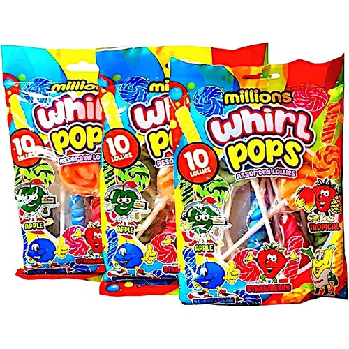 3X of Millions Mini Whirl Pops 10 Lollies per Bag 5 Assorted Flavours ...