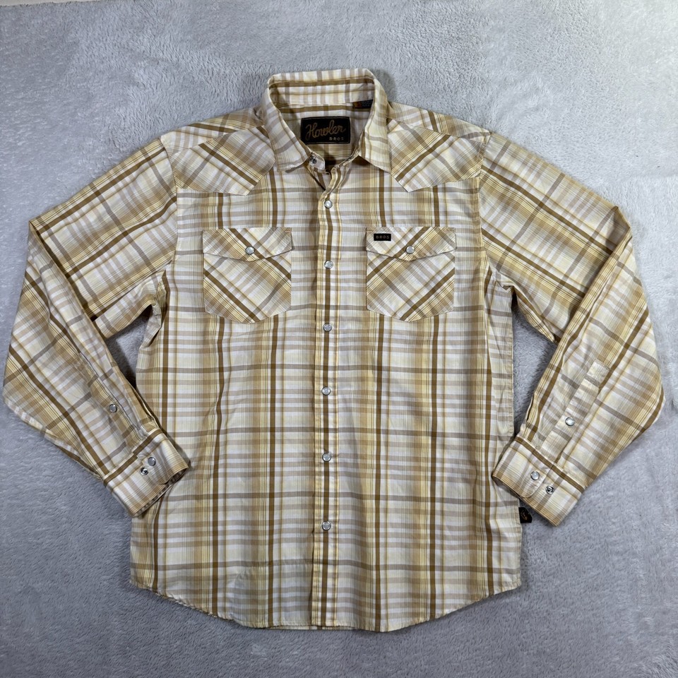 Howler Brothers Tech Shirt Mens S Biege Plaid Western Pockets Pearl ...