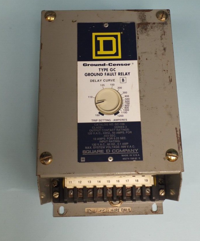 SQUARE D GROUND CENSOR CAT NO. GC-100 GROUND FAULT RELAY 100 to 1200 A ...