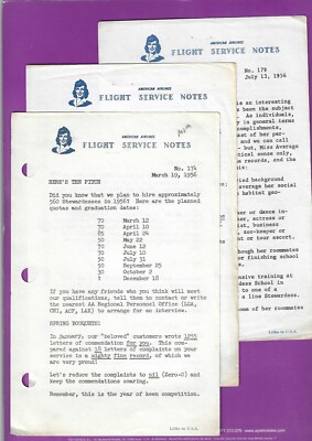 American Airlines. 1956. Stewardess Flight Service Notes sheets lot of ...