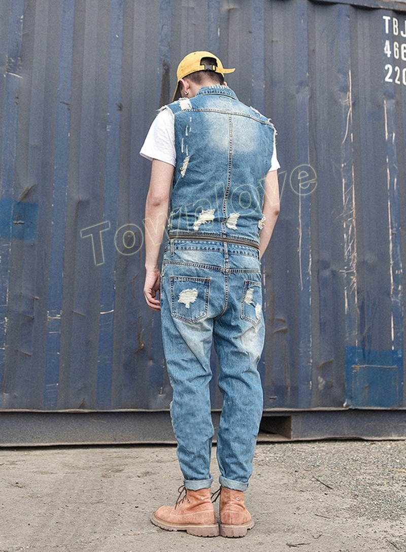 Men Retro Casual Ripped Denim Overalls Vest Jumpsuits Jeans Rompers ...
