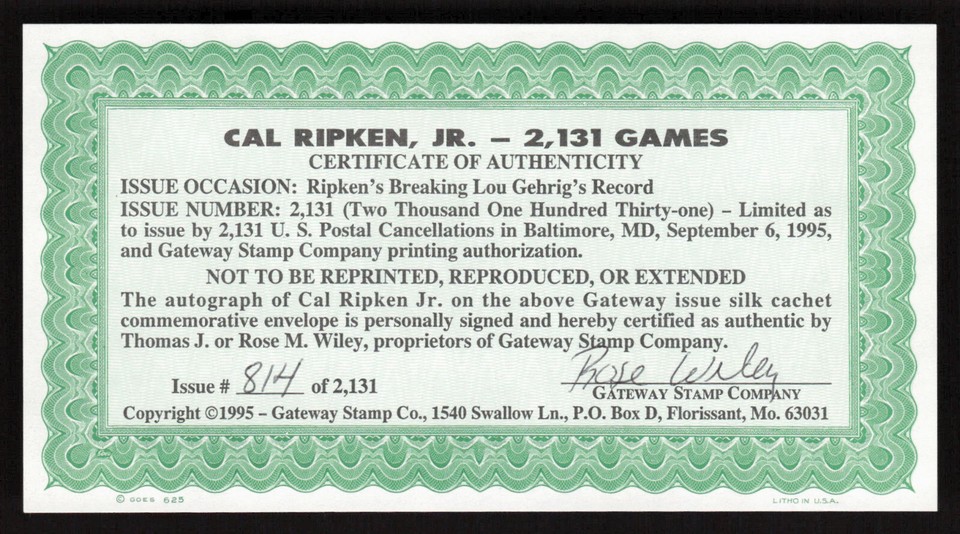 CAL RIPKEN JR Signed 2131 Games Gateway Stamp Baseball Cachet Orioles ...