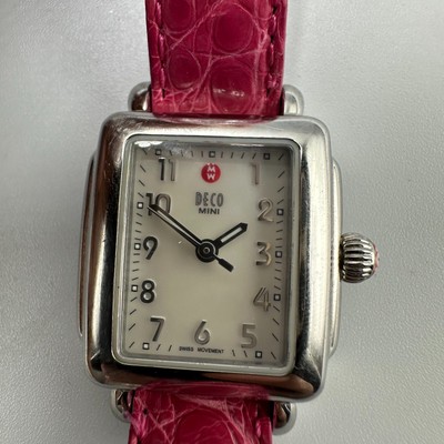 Michele Deco Mini Watch Women Silver Tone Pink Embossed Leather Band ...