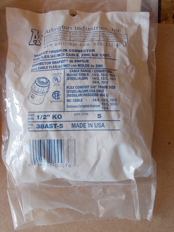 NEW Arlington INdustries 38AST-5 Bag of 5 Cable Fittings *FREE SHIPPING ...