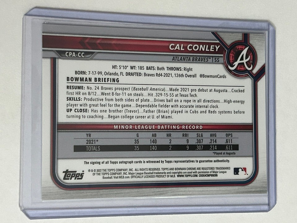 CAL CONLEY ATLANTA BRAVES 2022 BOWMAN CHROME ROOKIE AUTOGRAPH | eBay