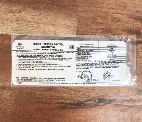 GM Vehicle Emission Control Sticker Decal Tune up 74 455-4V AT Cubic ...