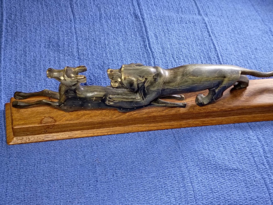 Large Carved Horn Lion/Tiger Hunting Deer on Wood Base 13” | eBay