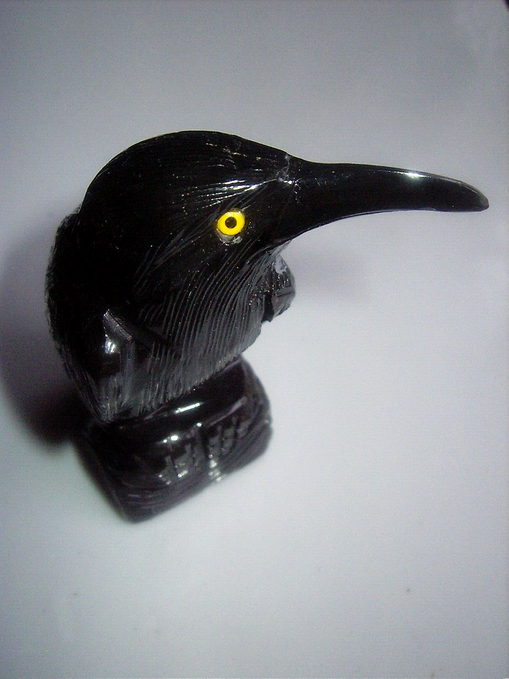 Natural Obsidian Quartz Crystal Carved Crow Polished yellow eyes large ...