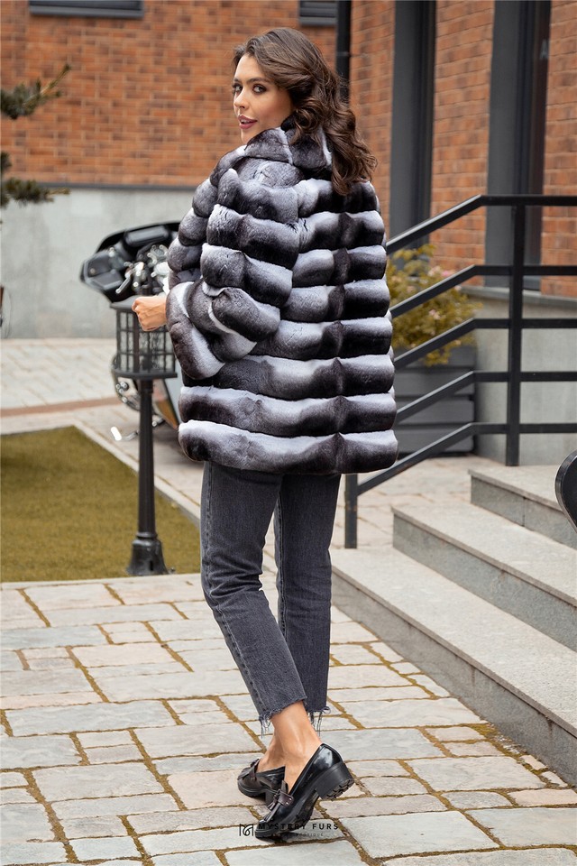 Women Chinchilla Full Pelt Real Rex Rabbit Fur Coat Thick Jacket Stripe ...