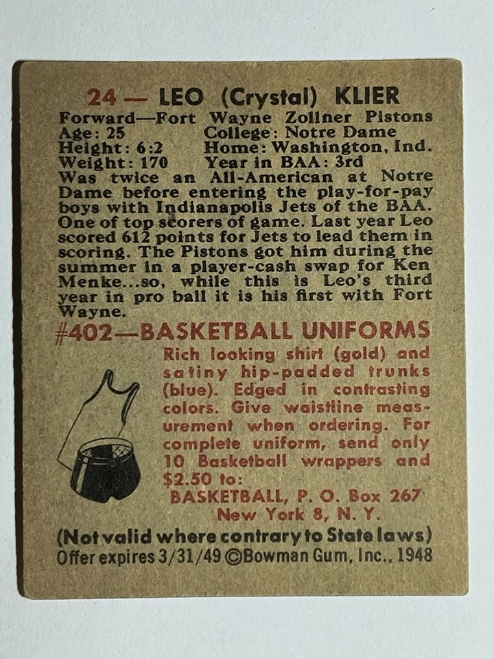 1948 Bowman #24 Leo Klier (EX) | eBay