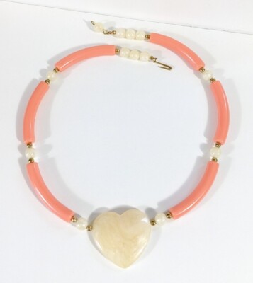 Marbled Off White Heart Shaped Pink Necklace Lolita Style Sweetheart ...