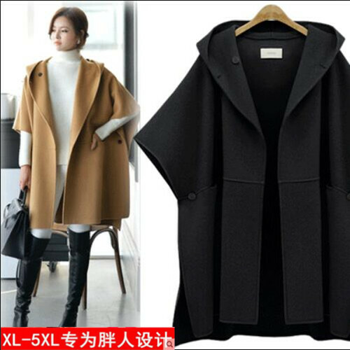 Plus Size Women's Winter Trench Fashion Poncho Cape Cloak Hooded Woolen ...
