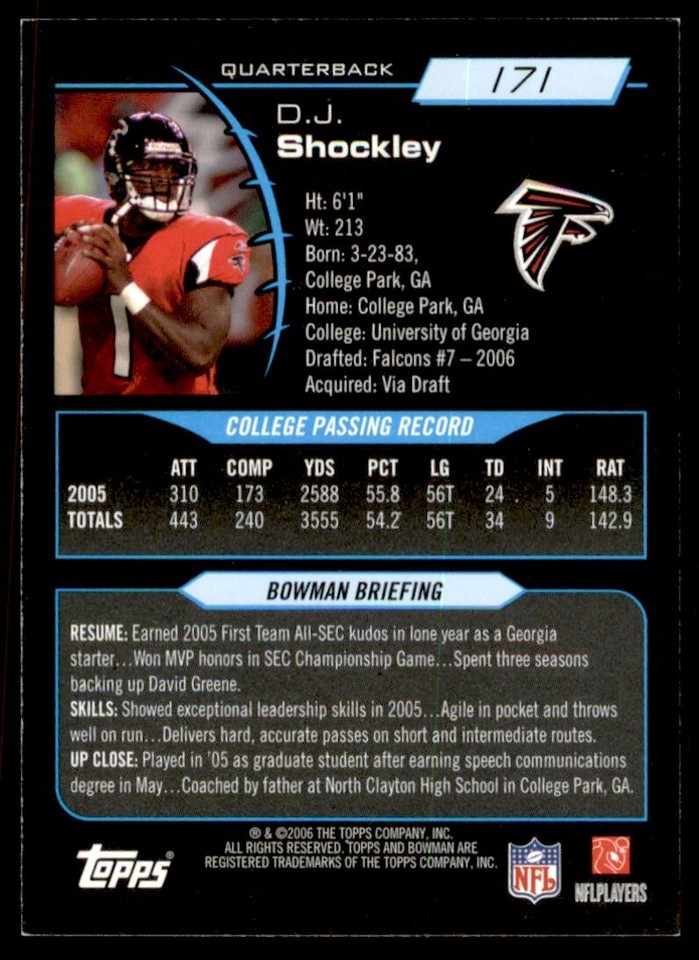 2006 BOWMAN D.J. SHOCKLEY RC ATLANTA FALCONS #171 | eBay