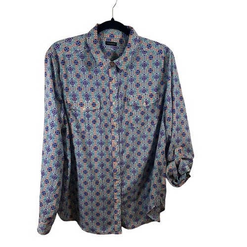 Talbots Plus Medallion Button Up Blouse Tab Sleeves Blue Green and ...