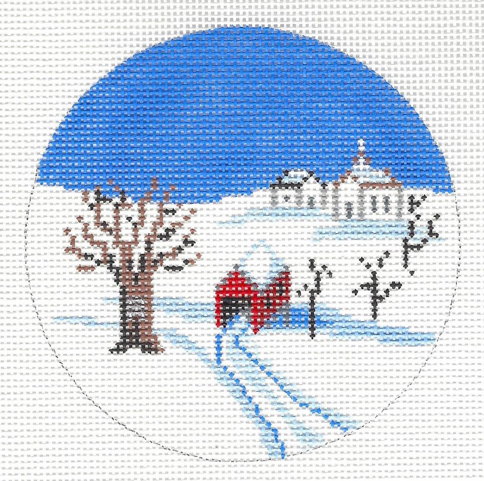 VERMONT Winter Scene HP Needlepoint Canvas 4" Rd. Ornament by Painted ...