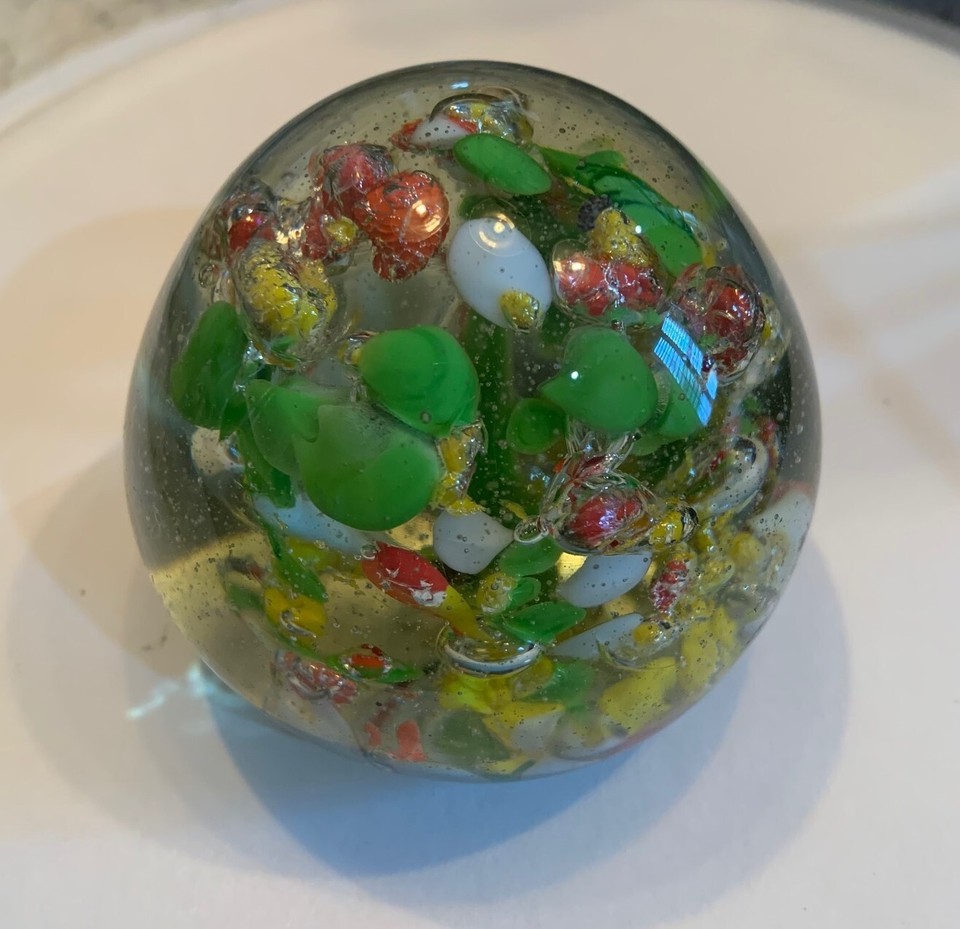 Glass Paperweight with Green Leaves, Red and Yellow Flowers -- Stuffed ...
