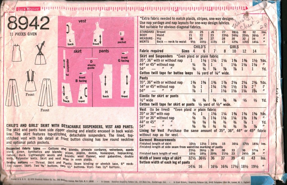 8942 Vintage Simplicity Sewing Pattern Girls Vest Skirt Pants Detach ...