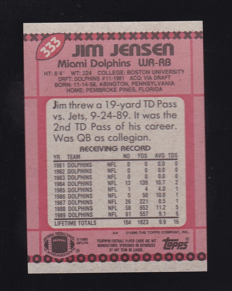 1990 Topps Jim Jensen #333 Miami Dolphins | eBay