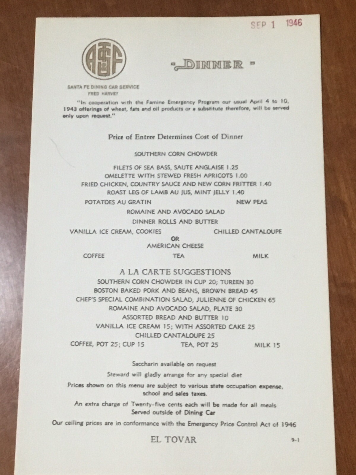 Rare Santa Fe Railroad Dining Car Menu EL TOVAR Train NOT the Harvey ...