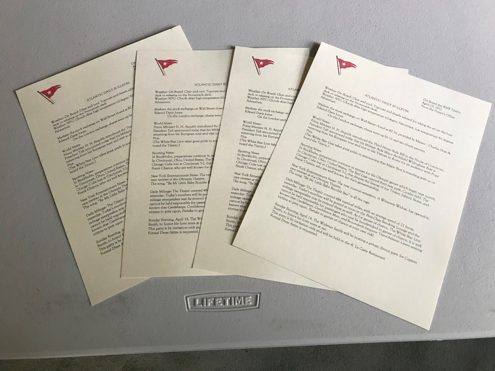 RMS TITANIC THE ATLANTIC DAILY BULLETIN APRIL 13, 1912 ON BOARD ...