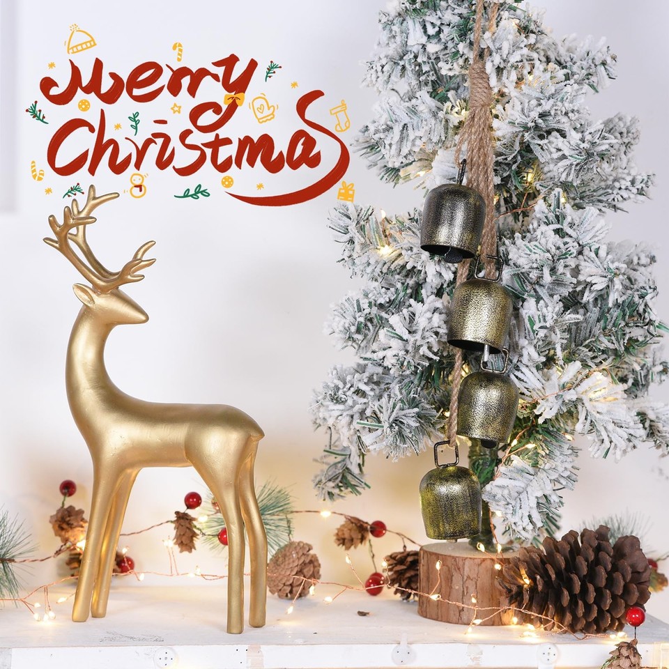 Christmas Gold Bells Set: Vintage Hanging Bells Decorations with Jute ...