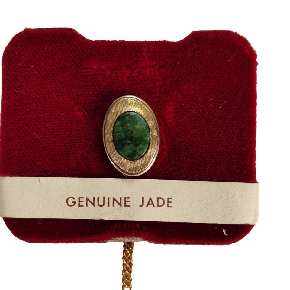 Vintage Krementz Jade Tie Tack Pin 14k Gold Overlay w/ Box Mens Jewelry ...