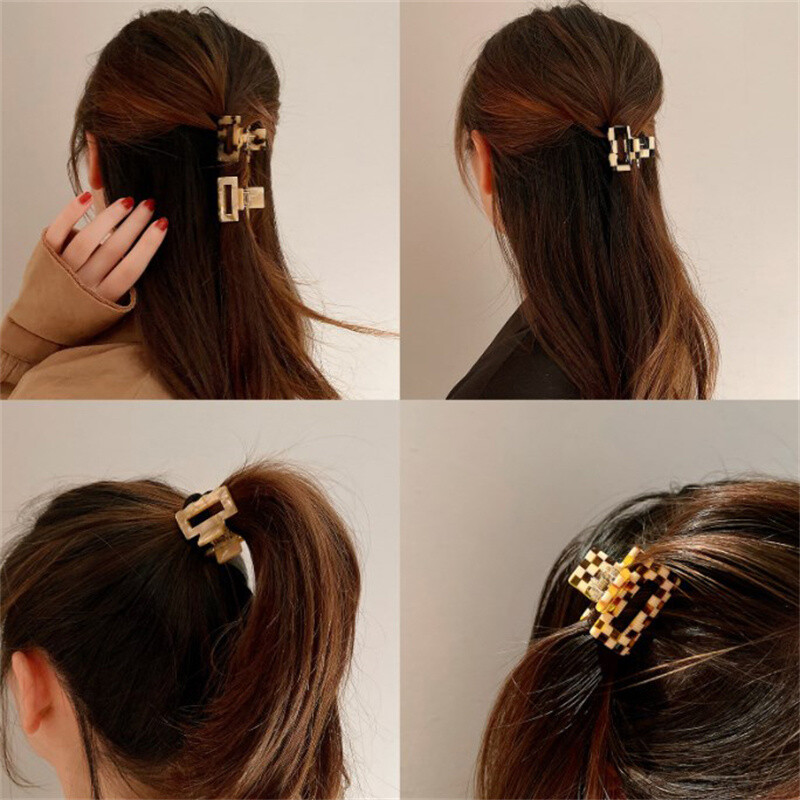 Plaid Acetate Square Head Back Hair Clip Grab Fashion Trendy Women ...