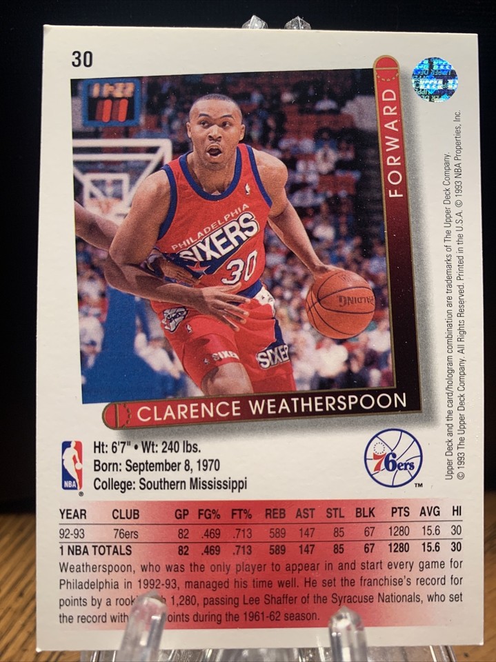 1993-94 Upper Deck Philadelphia 76ers Basktball Card #30 Clarence ...