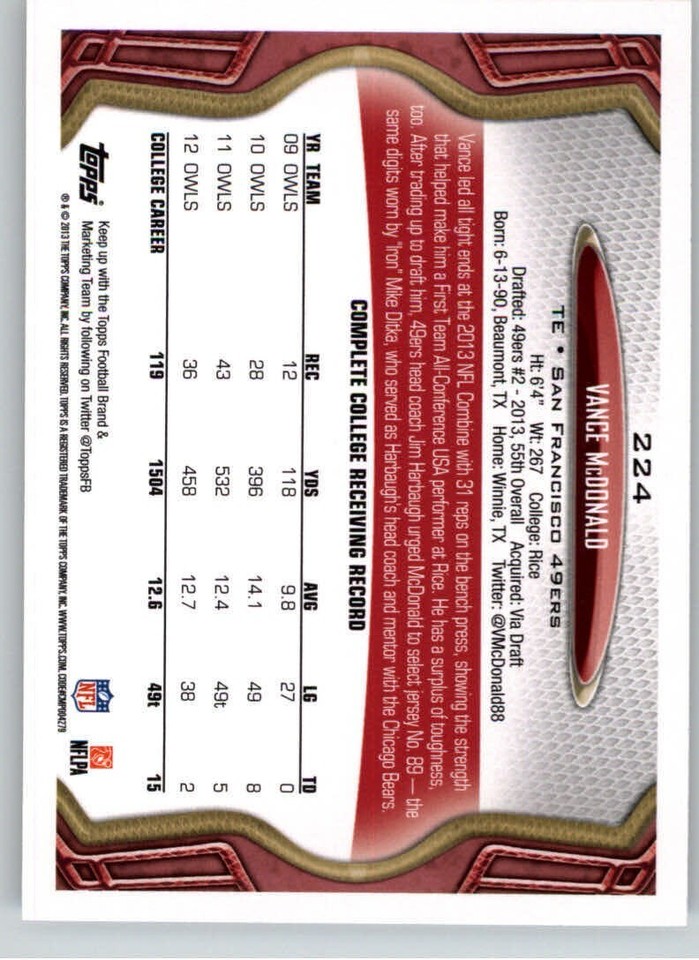 2013 Topps Football #224 Vance McDonald RC | eBay