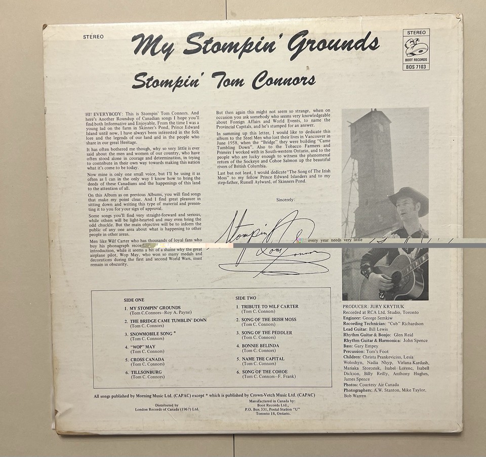 Stompin` Tom Connors My Stompin Grounds LP 1971 Boot Records Canada G+ ...