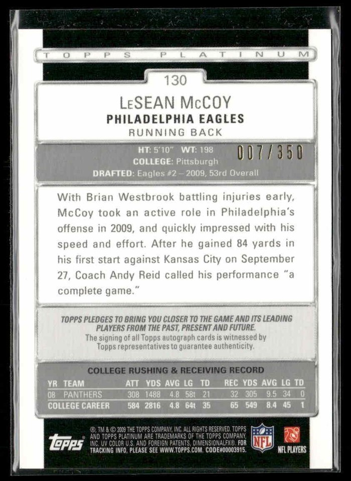 2009 Topps Platinum #130 LeSean McCoy Rookie Autographs #/350 | eBay