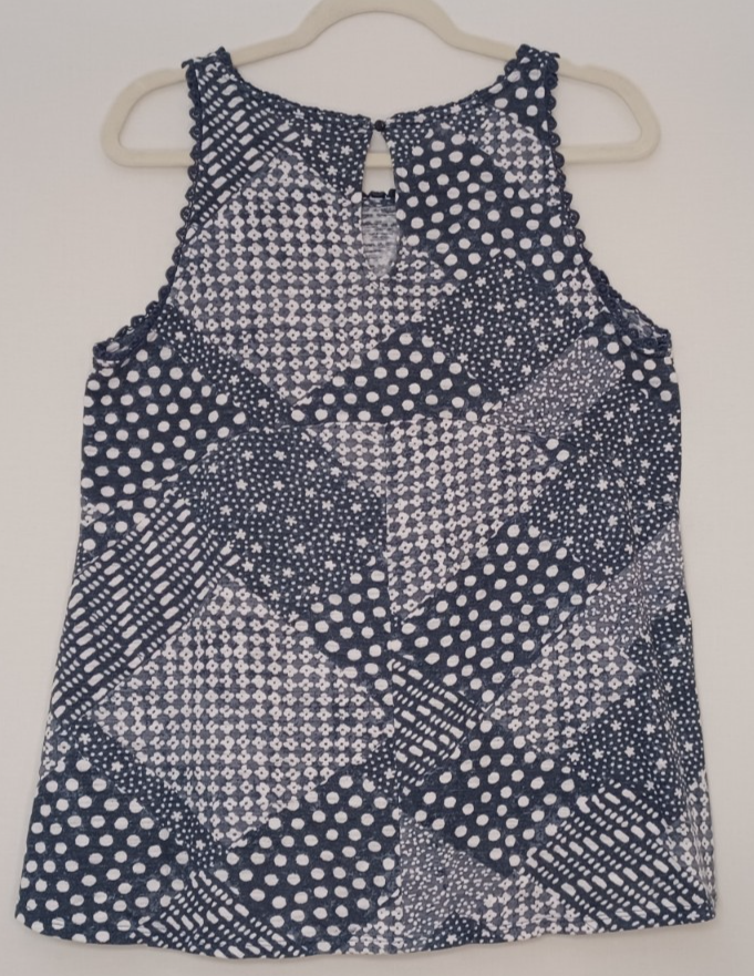 Women's Lauren Conrad Blue Poka Dot Quilt Patch Design Crochet Trim Top ...