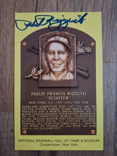 Phil Rizzuto Signed HOF Plaque Postcard Hall of Fame New York Yankees ...