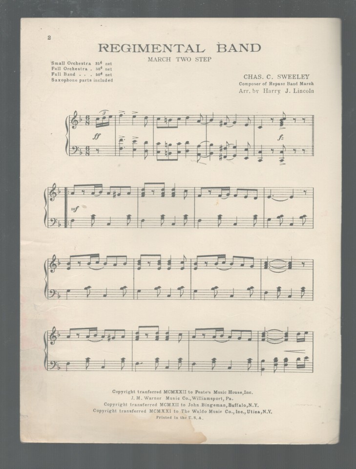 REGIMENTAL BAND Sweeley 1922 PIANO MARCH SOLO Vintage Sheet Music | eBay