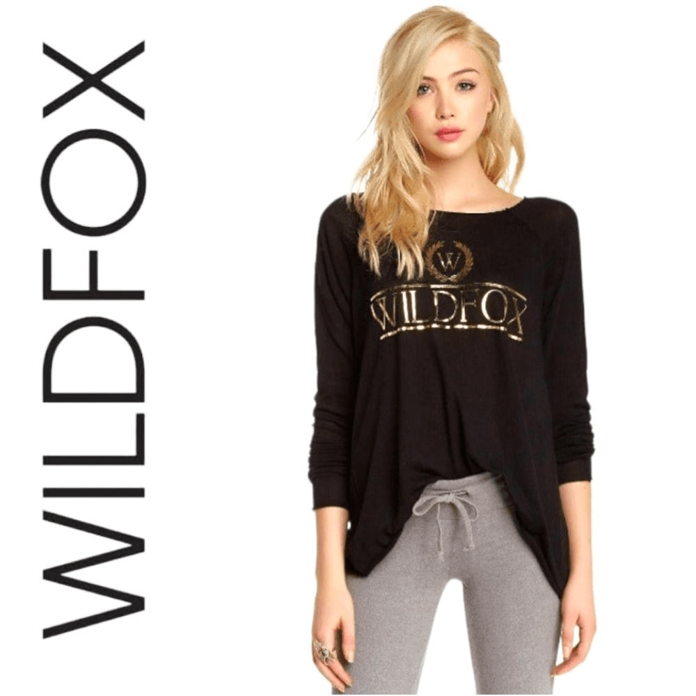 WILDFOX COUTURE GOLD CRESTED WILDFOX LOGO BLACK LONG SLEEVE LIGHTWEIGHT ...