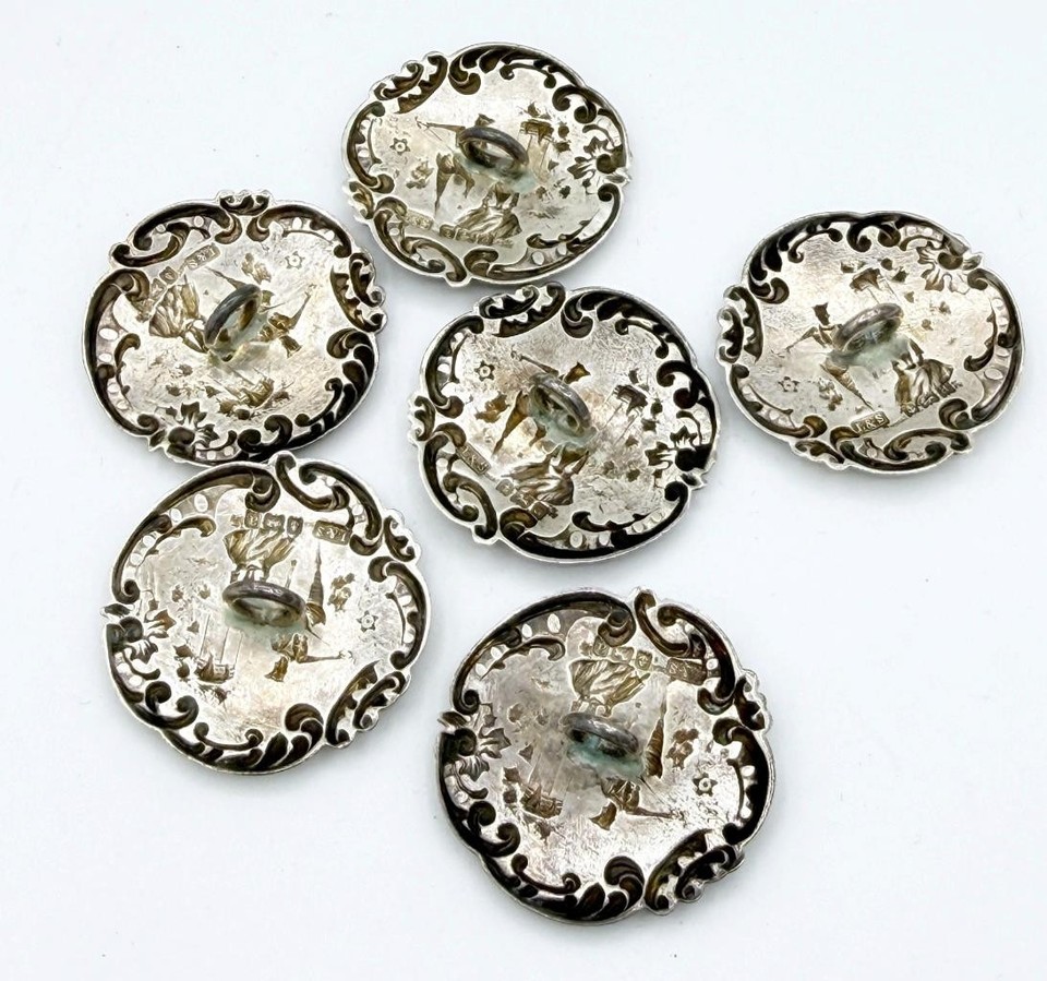 Antique 12 pc Set English Sterling Buttons w/ Box Courting Couple ...