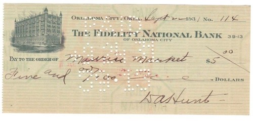 1931 Fidelity National Bank of Oklahoma City Cancelled Check to Maurice ...