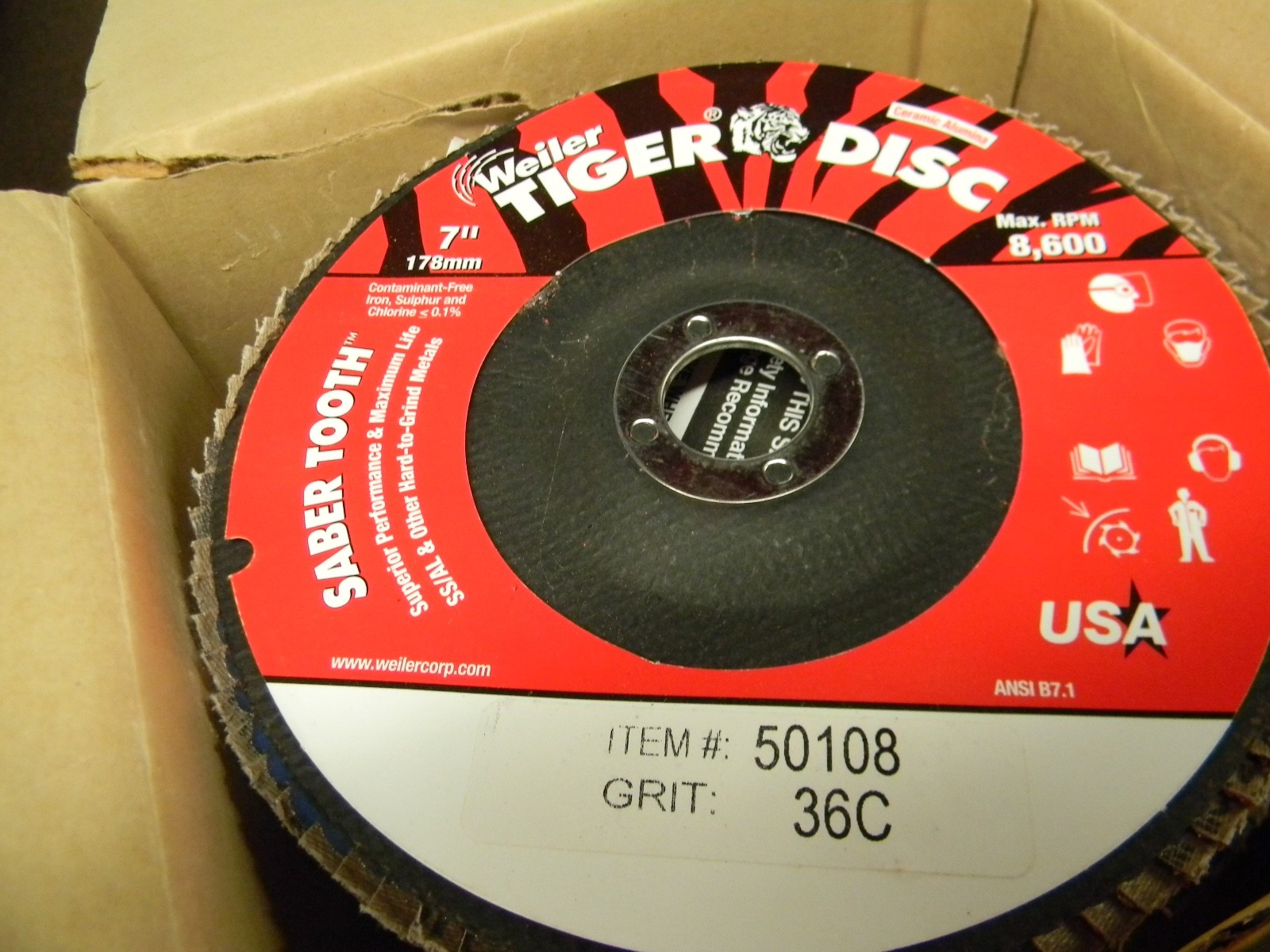 WEILER SABER TOOTH TIGER FLAP-DISC ANGLED 50108 7" X 7/8 36 GRIT (LOT ...