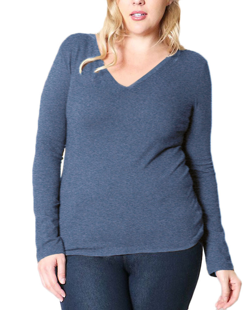 Plus Size Heather Color Casual Cotton Blend V-Neck Long Slv T-Shirt Top ...
