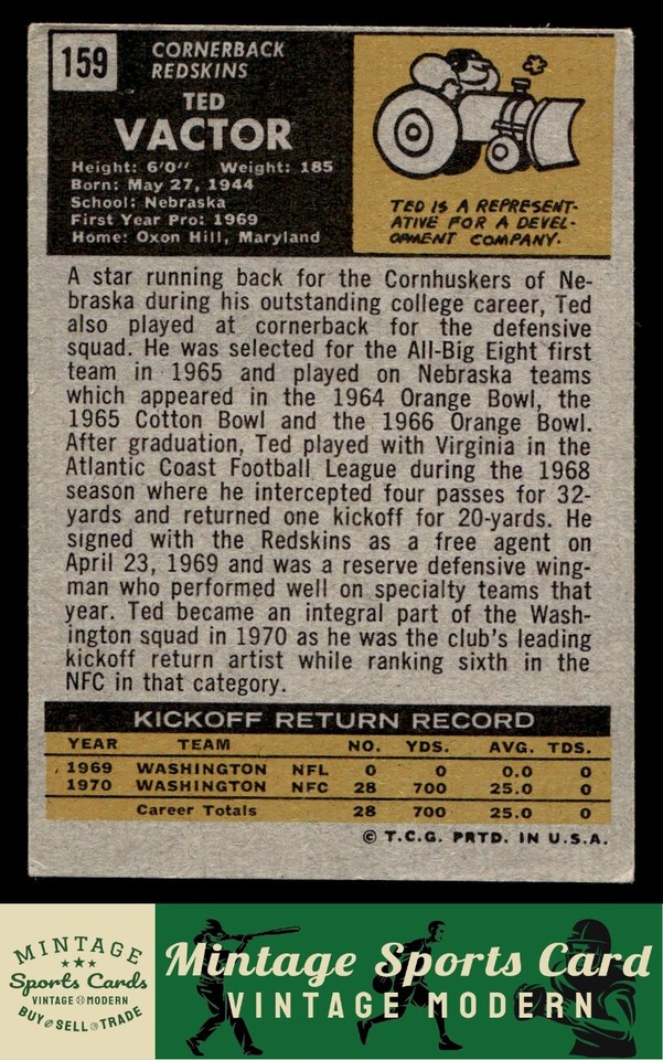 1971 Topps - Ted Vactor - Rookie RC #159 Redskins VG/EX | eBay